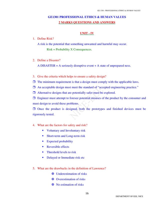 Professional ethics 2 mark & 16 mark question bank | PDF