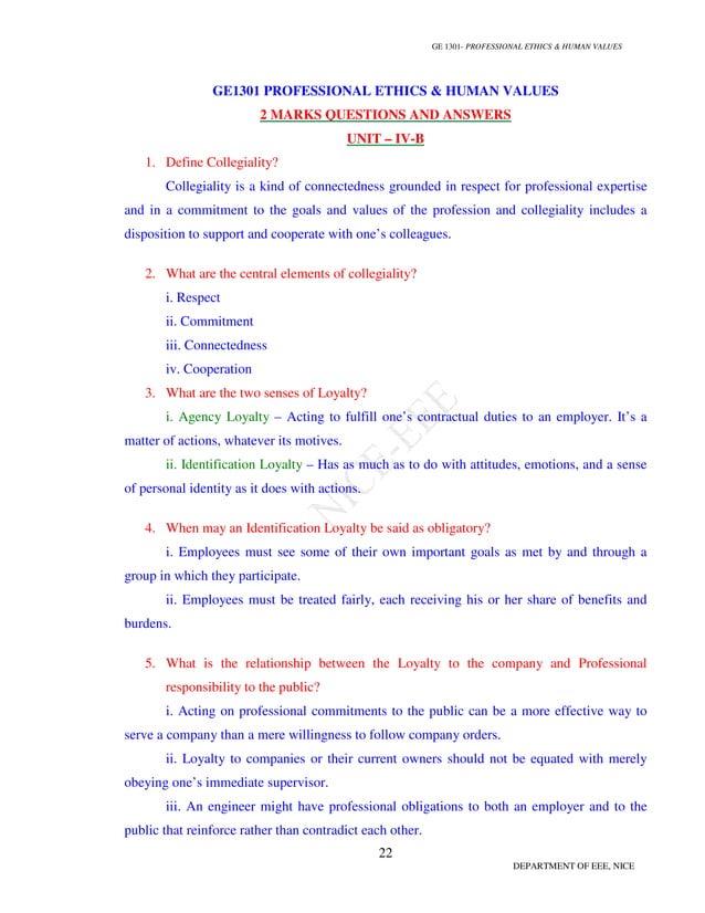 Professional ethics 2 mark & 16 mark question bank | PDF
