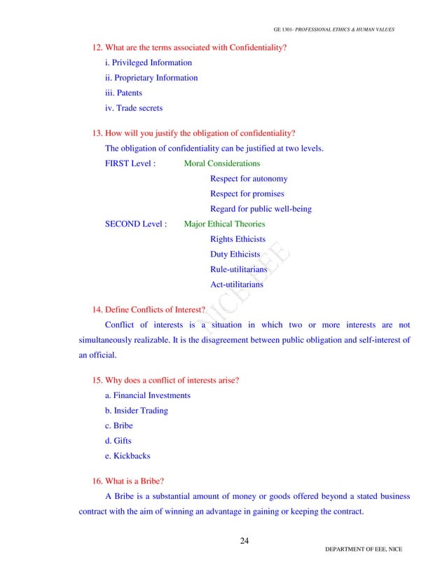 Professional ethics 2 mark & 16 mark question bank | PDF