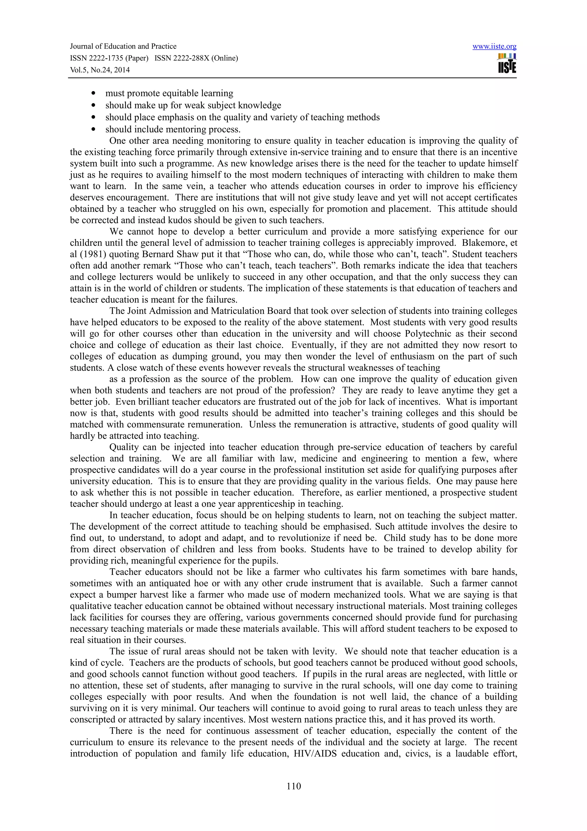 Professionalising teaching in nigeria through quality teacher education ...