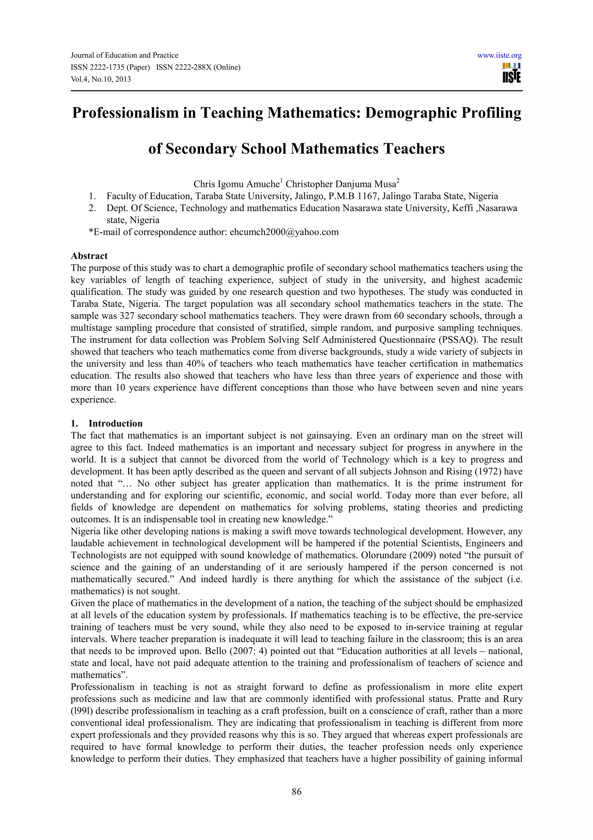 Professionalism in teaching mathematics demographic profiling of ...
