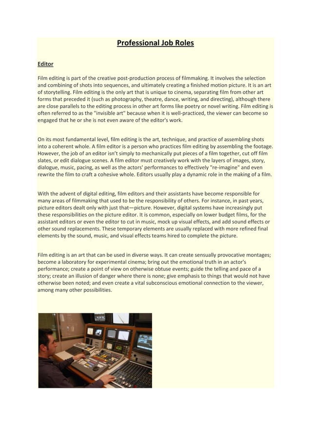 Professional Job Roles | DOCX | Video Production | Content Production