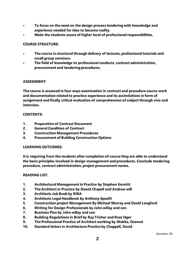 Professional practice (course outline 9th semester) | DOC