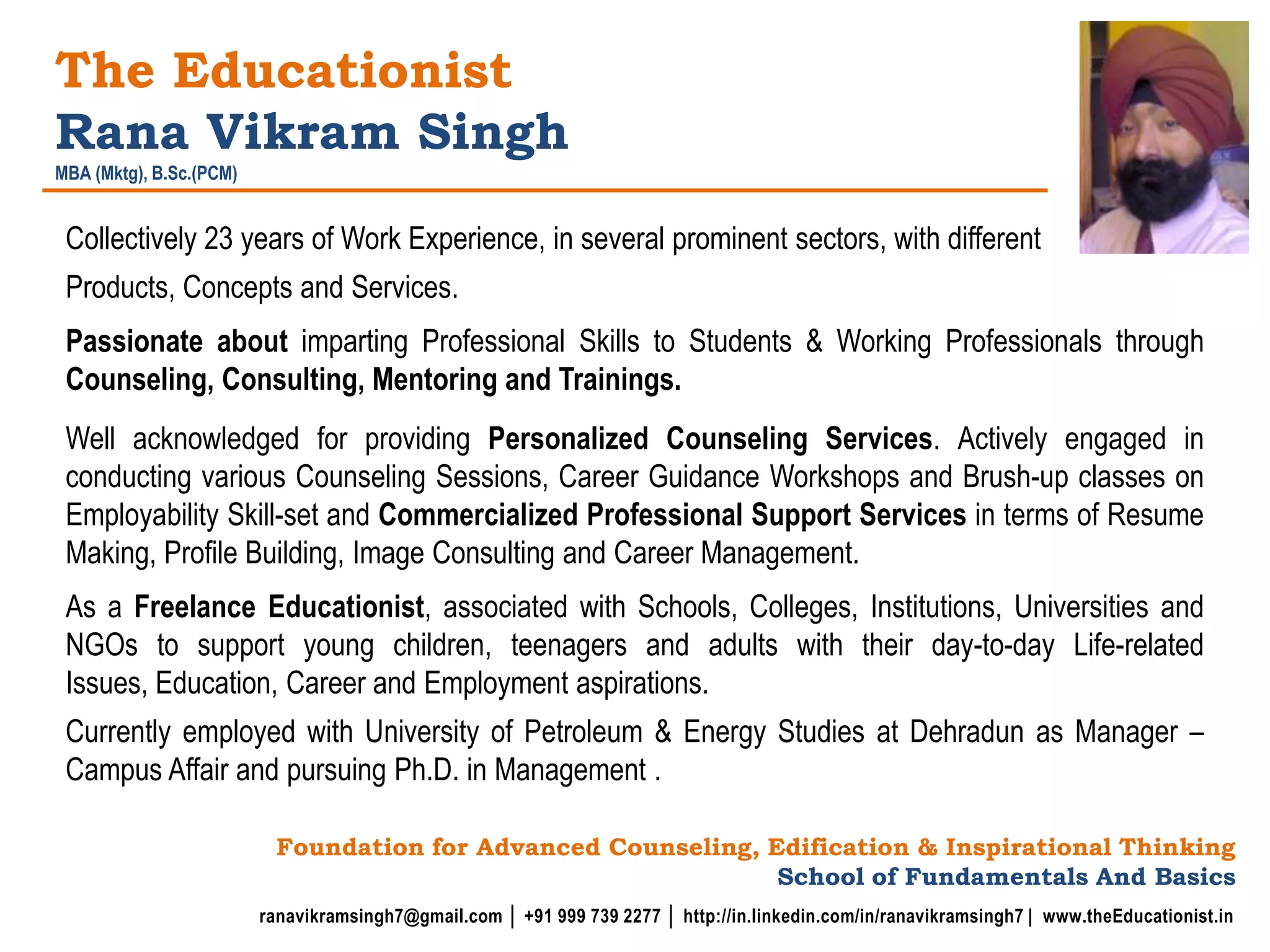Professional Profile - Rana Vikram Singh | PPTX | Education