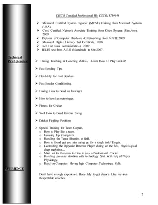 Resume to Pakistan Cricket Board | PDF