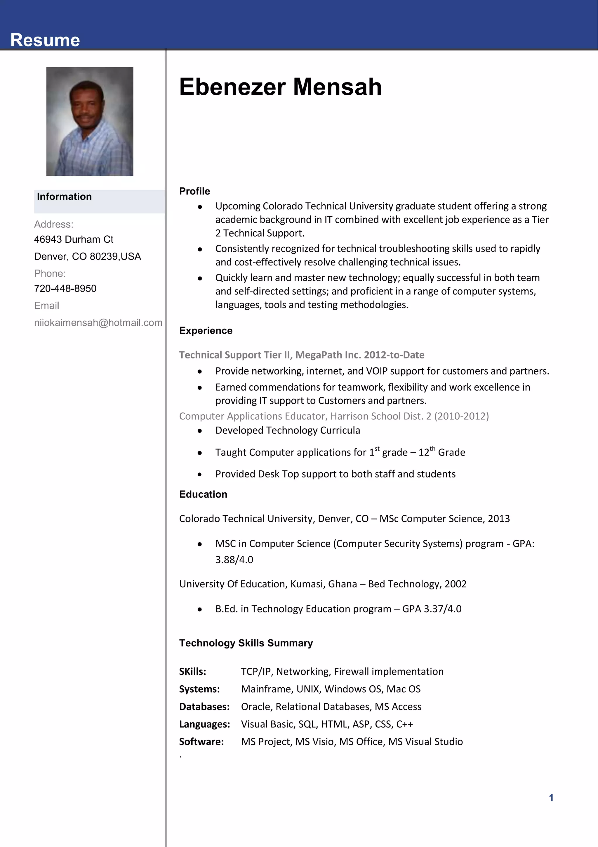 Professional Resume 2012 | DOCX | IT and Internet Support | Internet