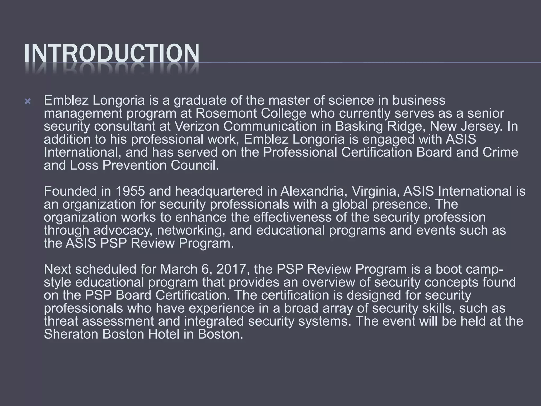 Professional Security Organization ASIS Offers Bootcamp Training | PPT