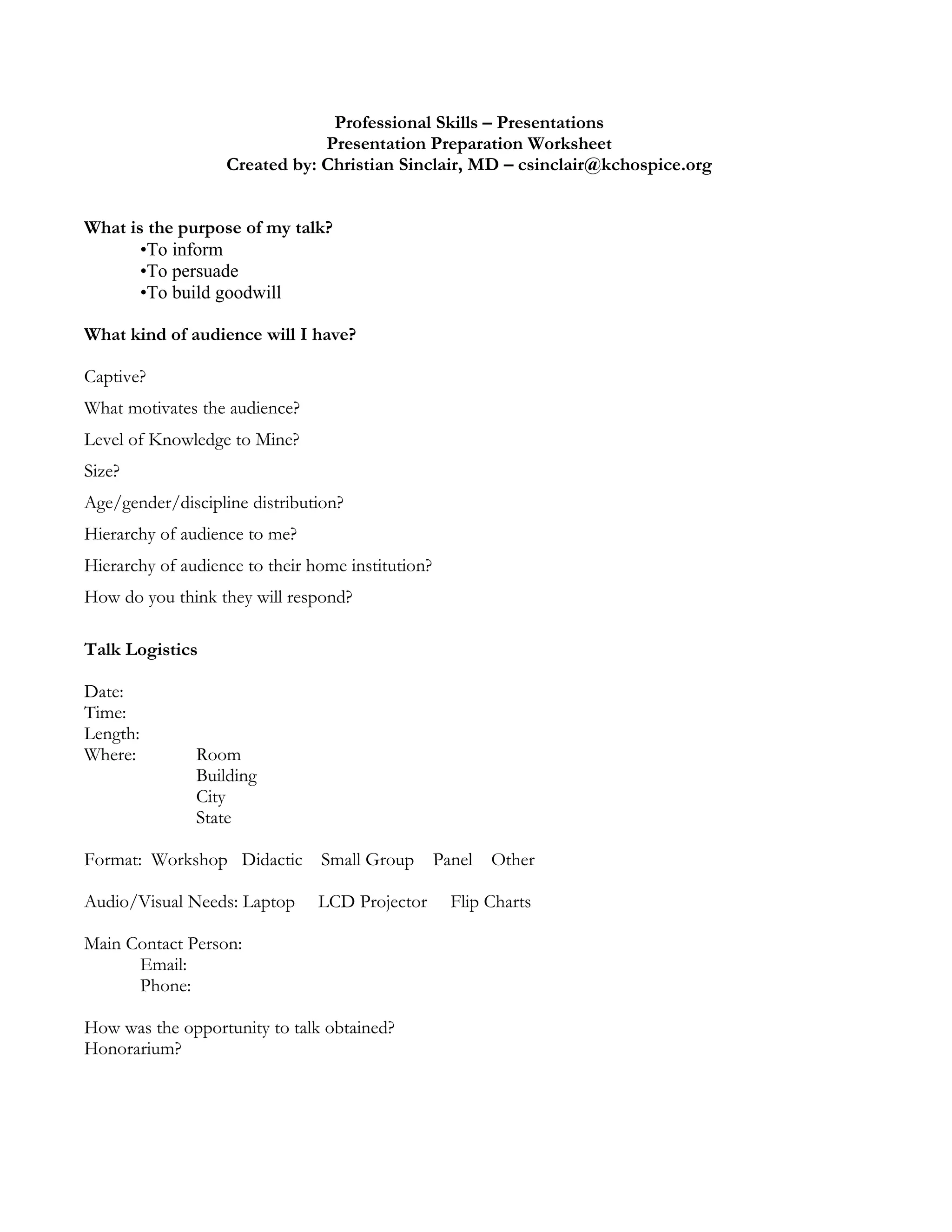 Presentation Preparation Worksheet | DOC