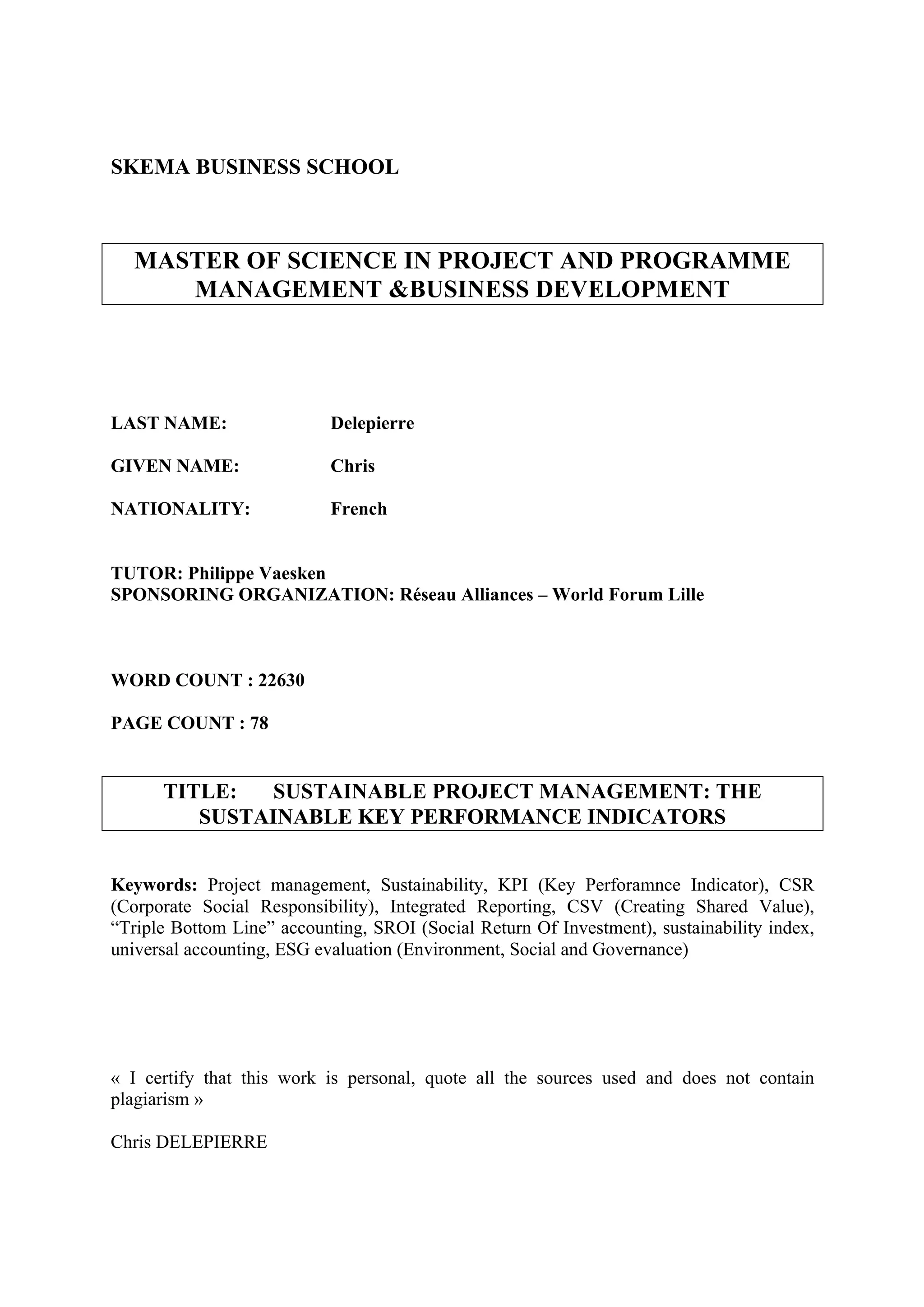 Thèse professionnelle sur les indicateurs de performance RSE et le ...