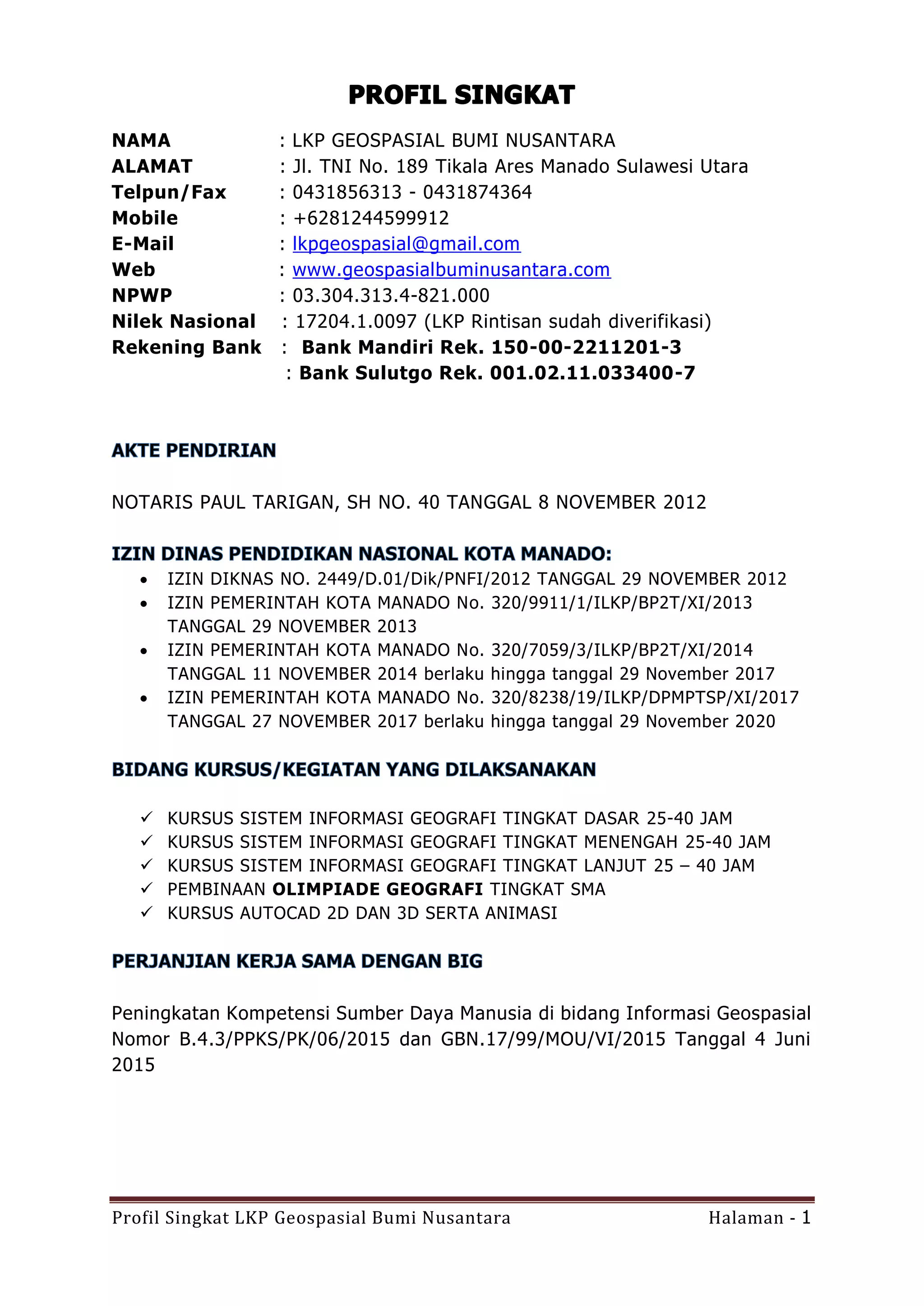 Profil LKP Geospasial Bumi Nusantara | PDF