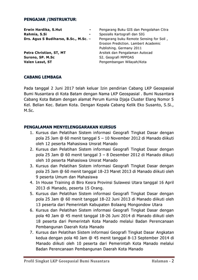 Profil LKP Geospasial Bumi Nusantara | PDF