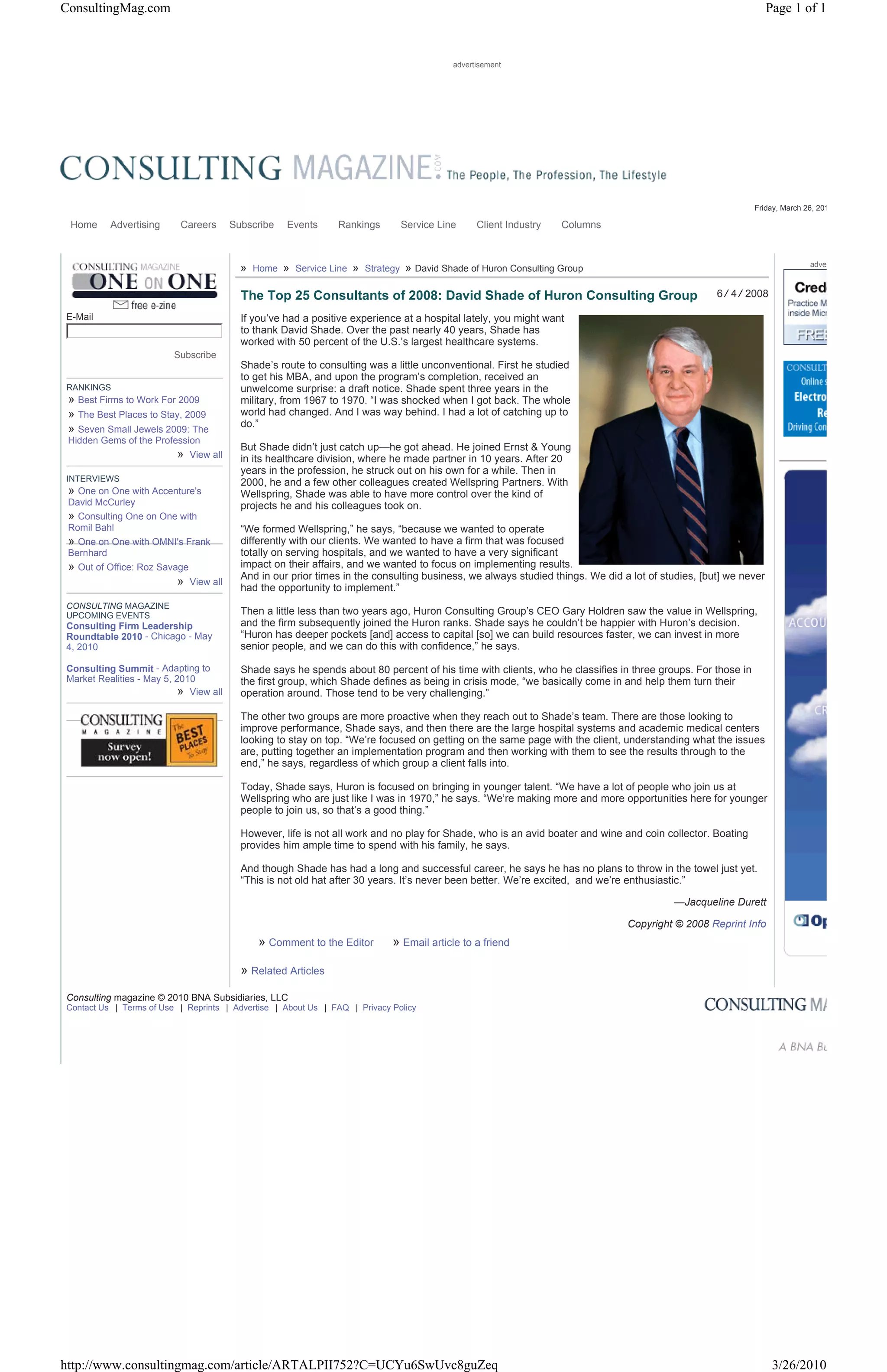 Profile: David Shade of Huron Consulting Group (Consulting magazine) | PDF