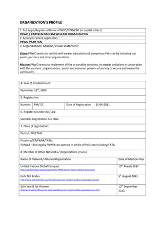 Profile PNWO | Parveen Nadeem Welfare Organization | PDF