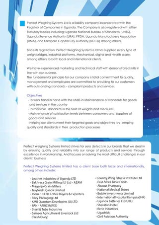 Profile booklet perfect weighing systems and scales company of Uganda | PDF