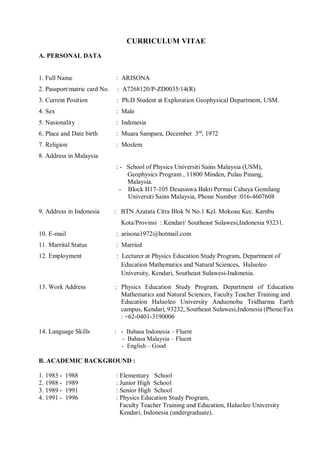 Profile CV ARISONA ARISONA (B.Sc, M.Eng.) kendari-indonesia | PDF