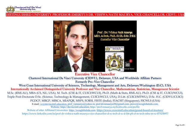 Profile of Distinguished University Professor Dr. Vishwa Nath Maurya,, Executive Vice Chancellor ...