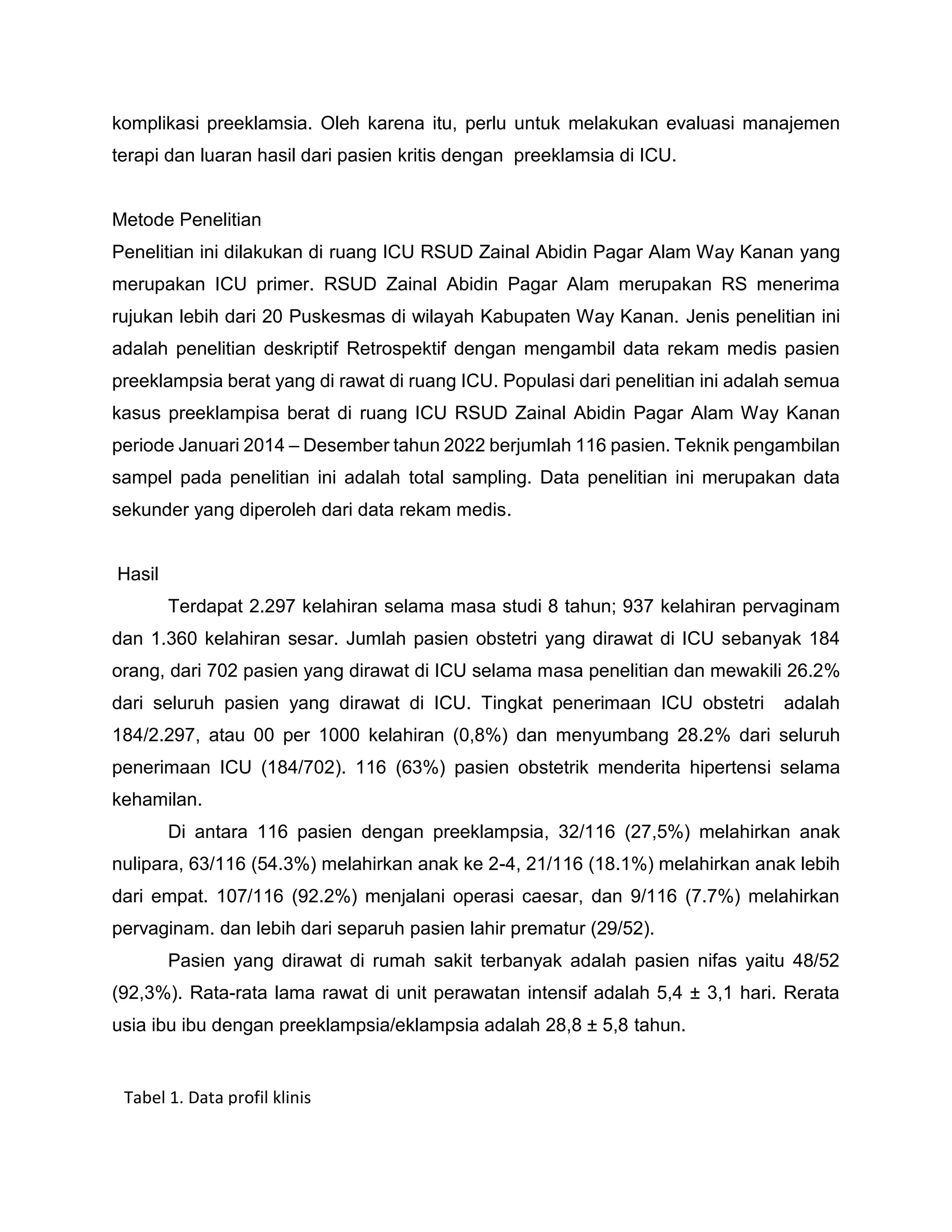 PROFIL KLINIS PASIEN PREEKLAMSIA PADA RUANG ICU RSUD ZAINAL ABIDIN ...