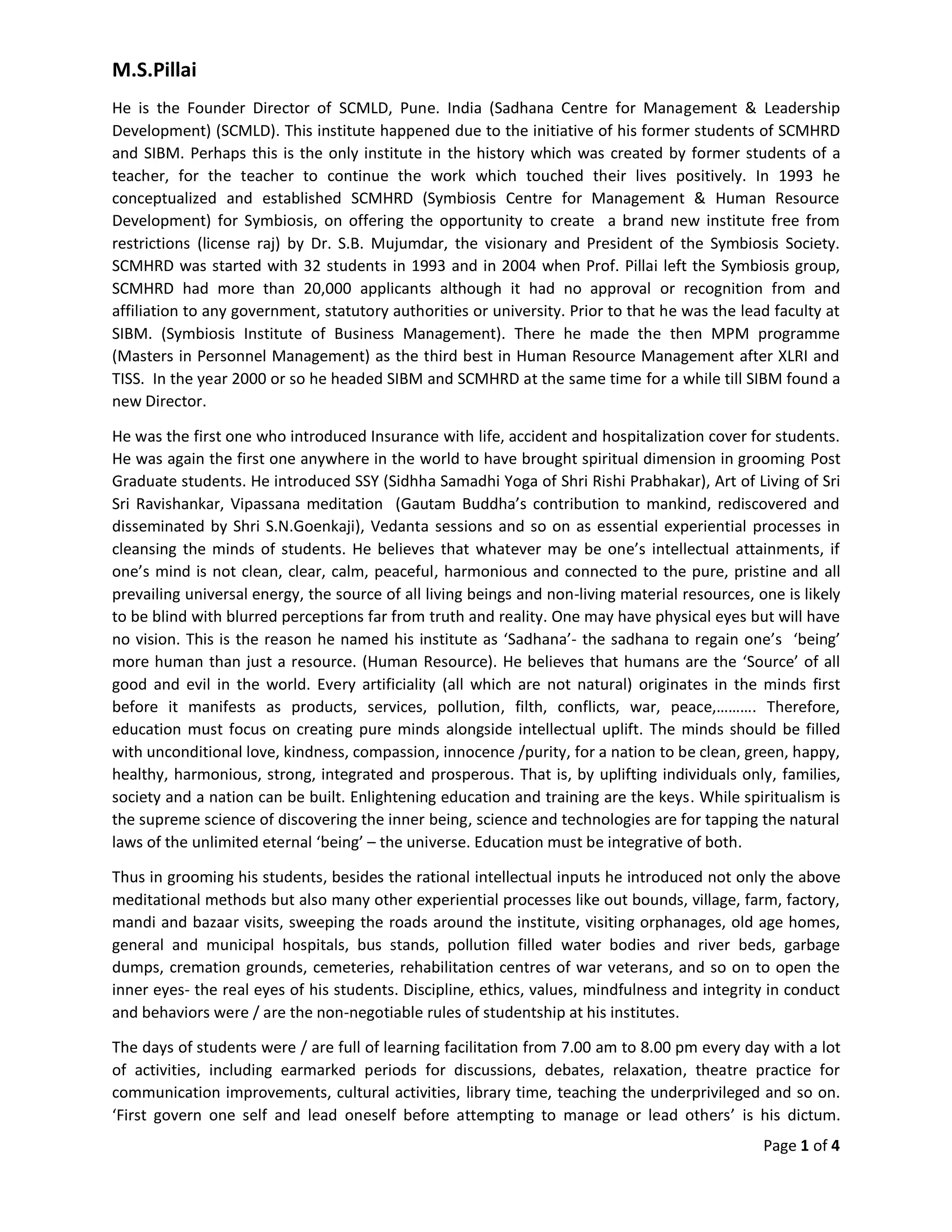 Prof M. S. Pillai SIR Profile - Founder Director of SCMLD | PDF