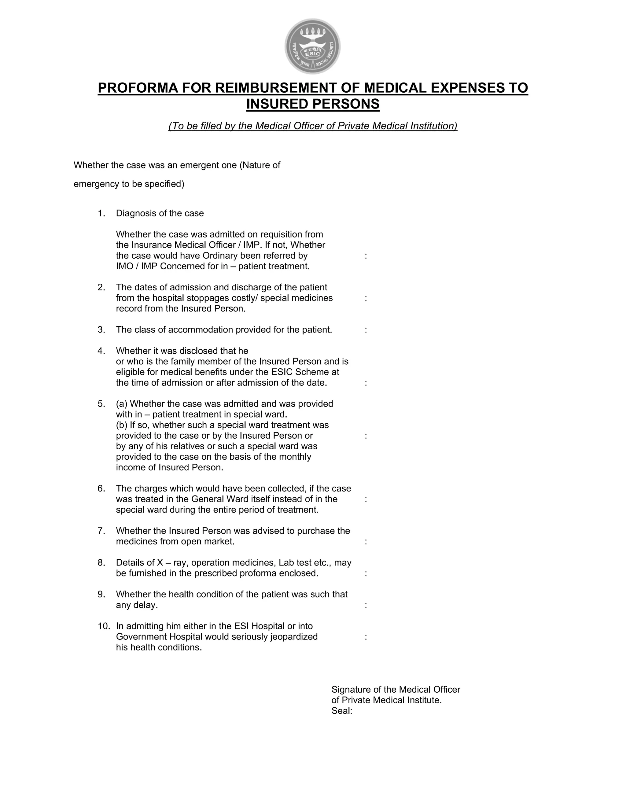 ESIC Proforma for reimbursement of medical expenses to insured persons ...