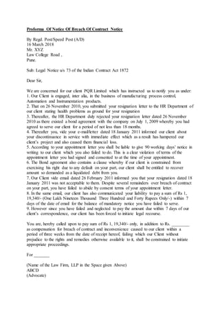 Proforma of Notice of Breach of Contract Notice | DOCX