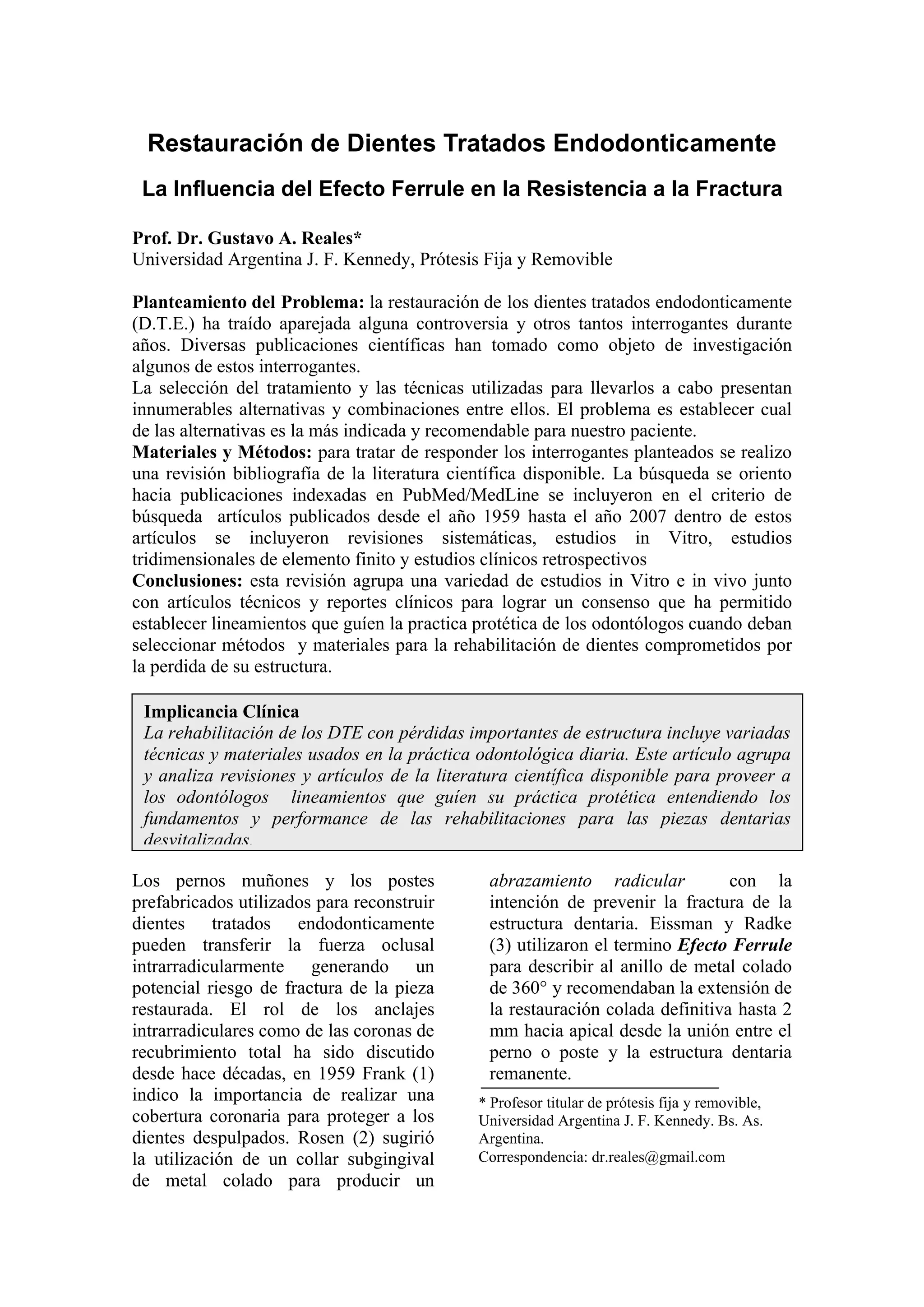 restauración de dientes tratados endodonticamente | PDF