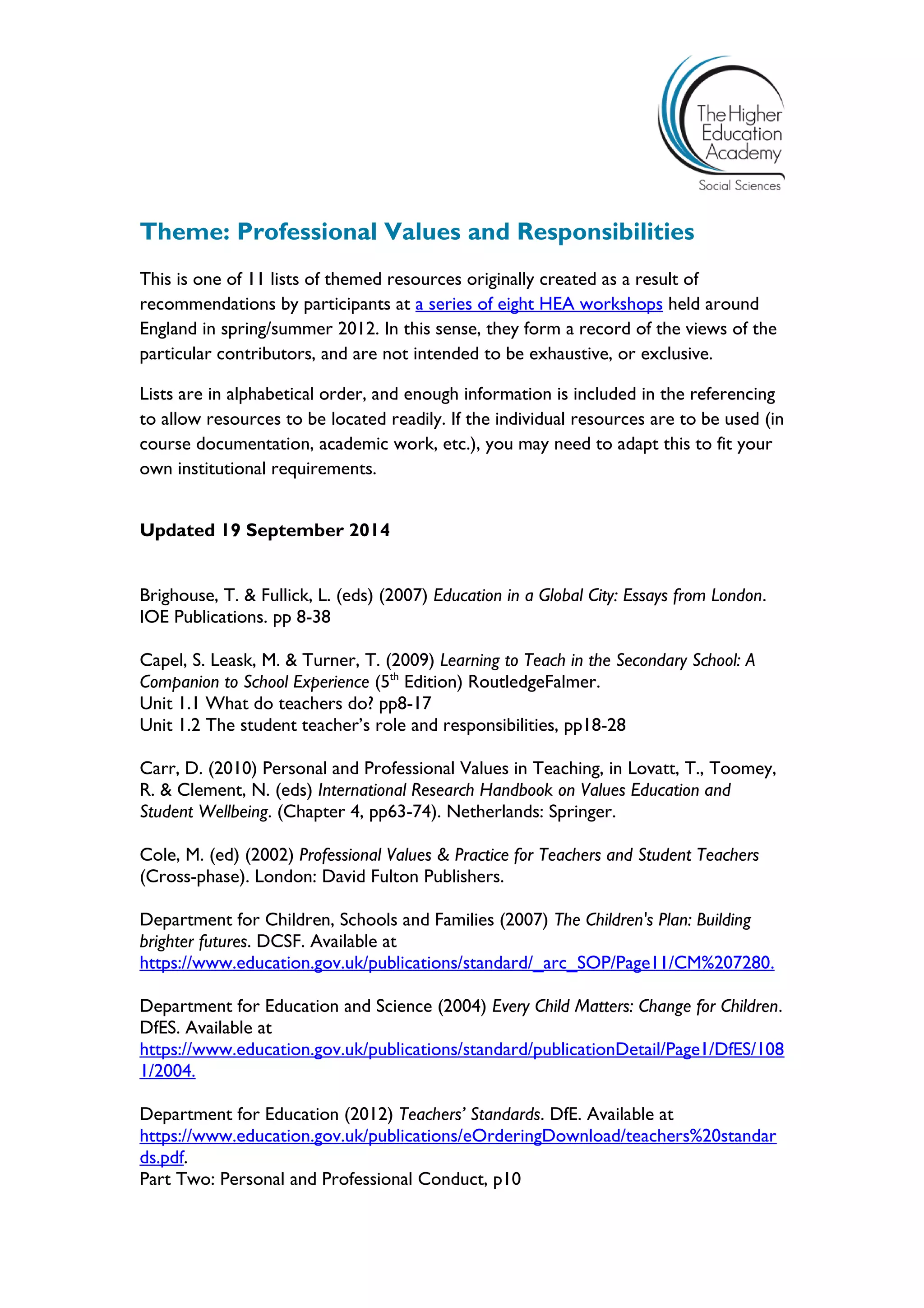 Professional Values and Responsibilities Initial Teacher Education ...