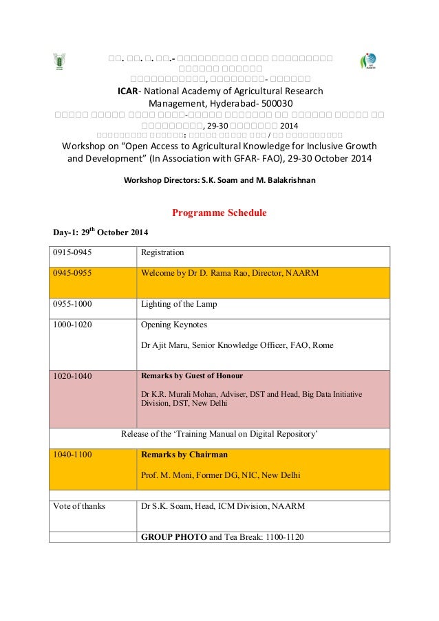 Program Schedule Of Workshop On Open Access To Agricultural Knowledg Program Schedule Of Workshop On Open Access To Agricultural Knowledg