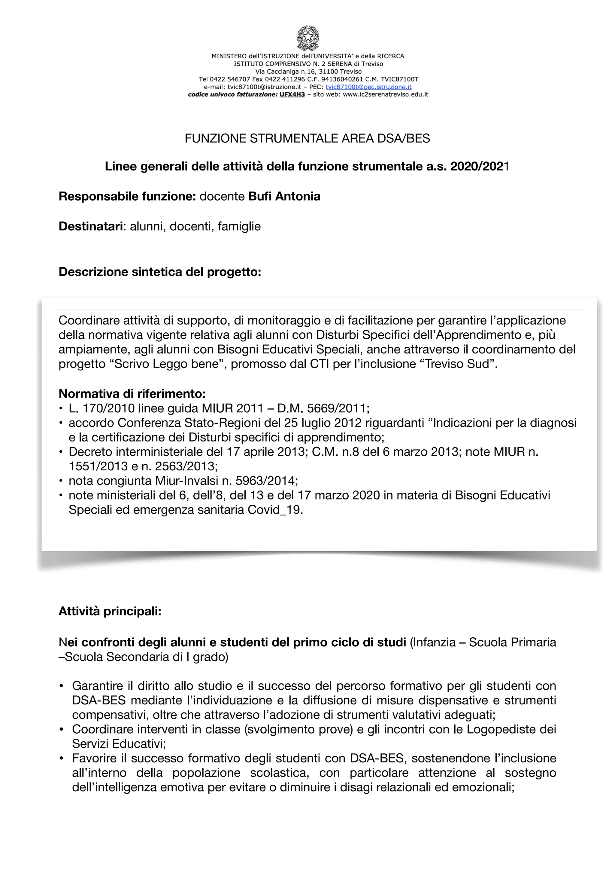 Progetto funzione strumentale dsa bes | PDF