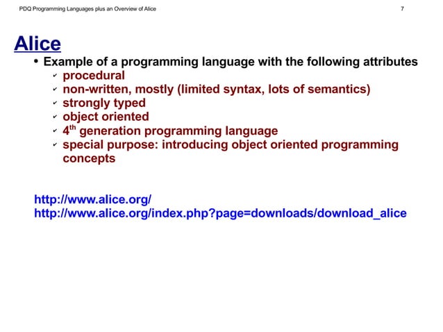 PDQ Programming Languages plus an overview of Alice - Frank Ducrest | ODP