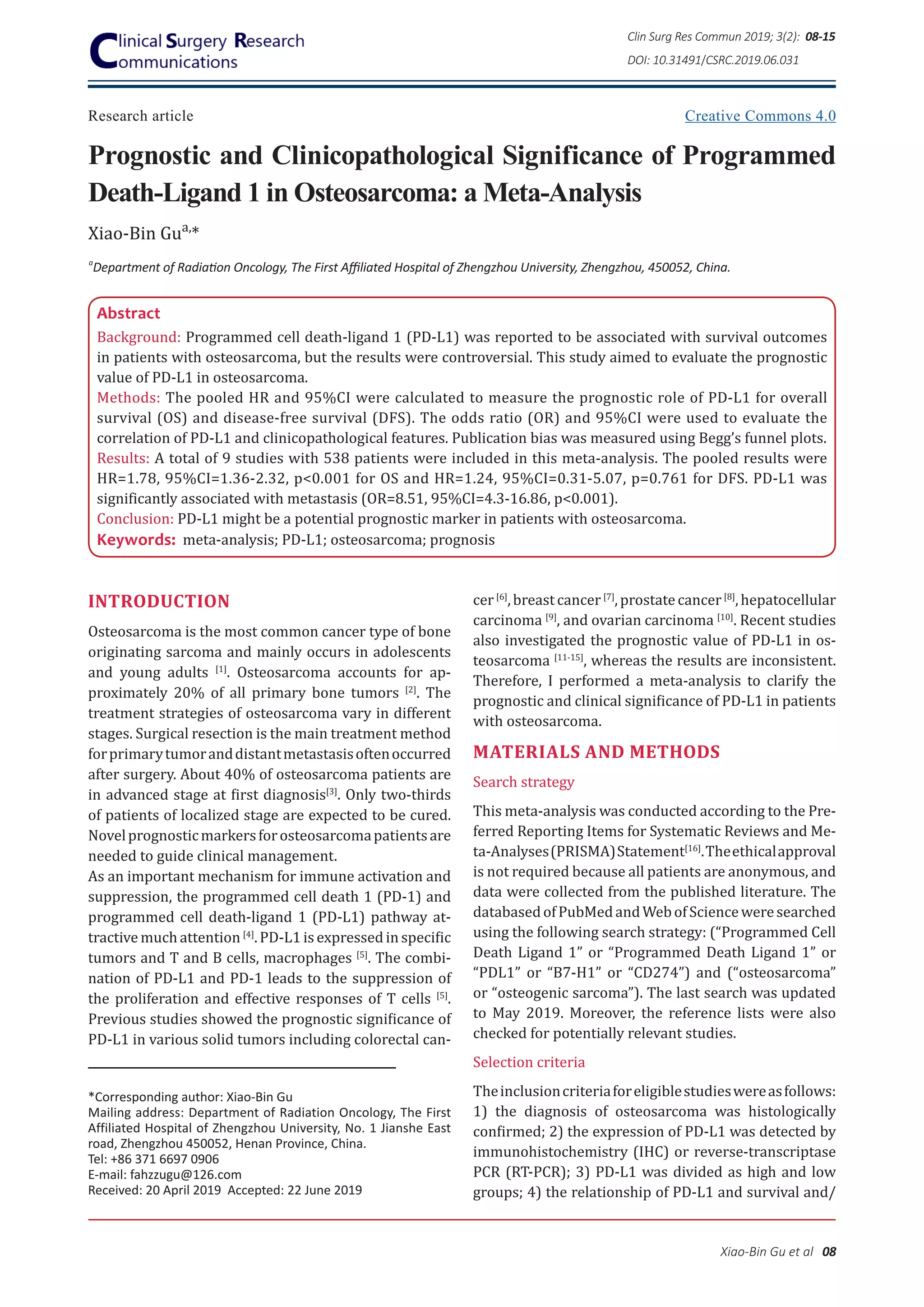 Prognostic and clinicopathological significance of programmed death ligand 1 in osteosarcoma; a ...