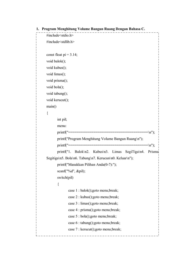 program menghitung volume bangun ruang dengan bahasa C | PDF