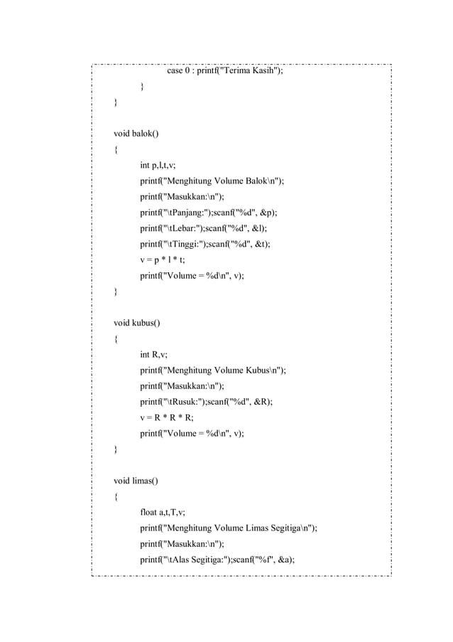 program menghitung volume bangun ruang dengan bahasa C | PDF