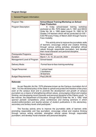 Program Design for F2F Seminar-Workshop on School Paper Production ...