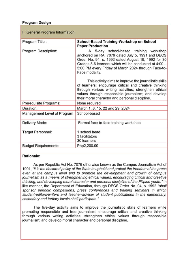 Program Design for F2F Seminar-Workshop on School Paper Production ...