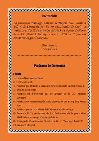PROGRAMA- "BODAS DE ORO"- PROMOCIÓN "SANTIAGO ANTÚNEZ DE MAYOLO" 1969 ...