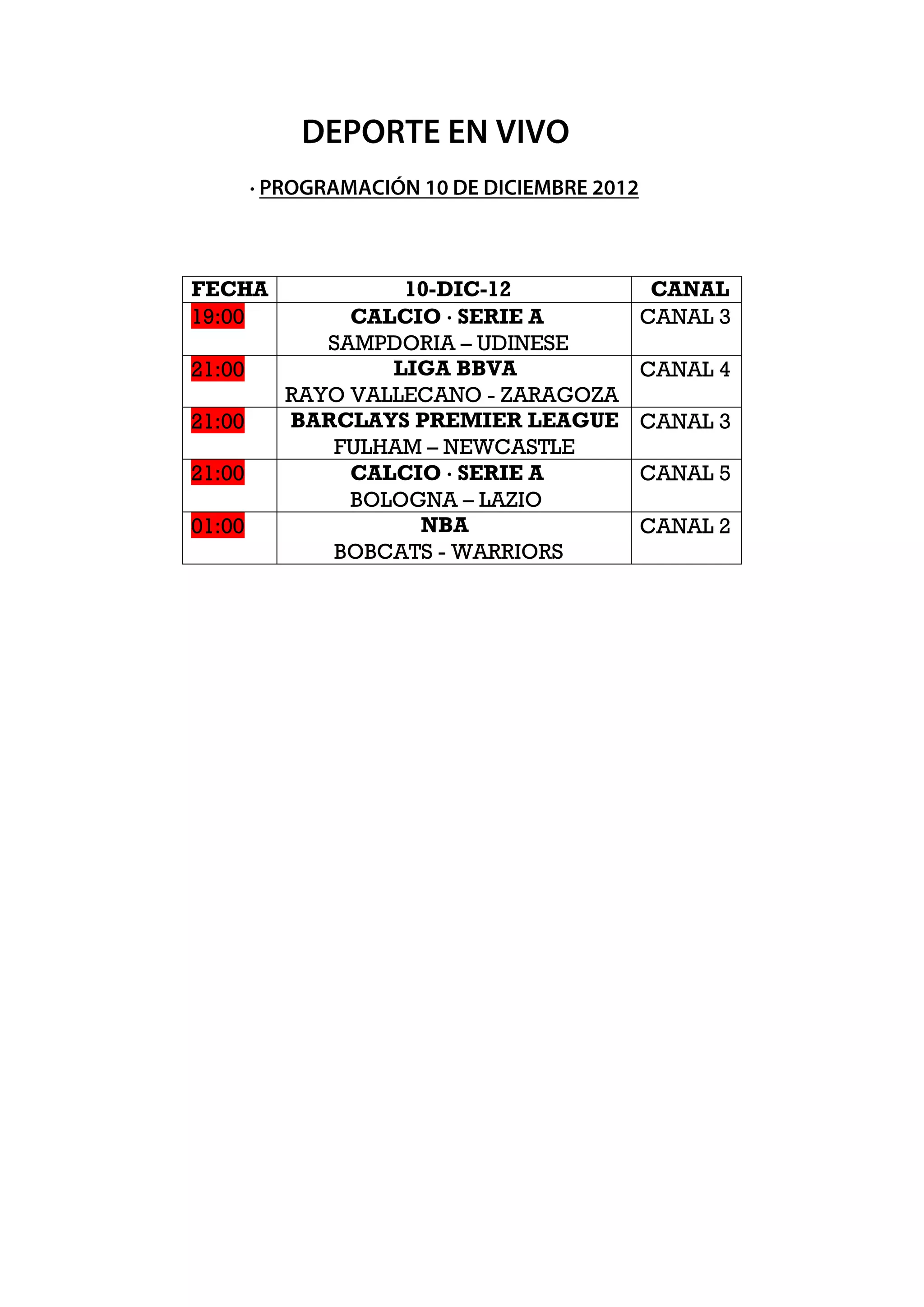 Programación Deporte en Vivo 12/12/12 | PDF