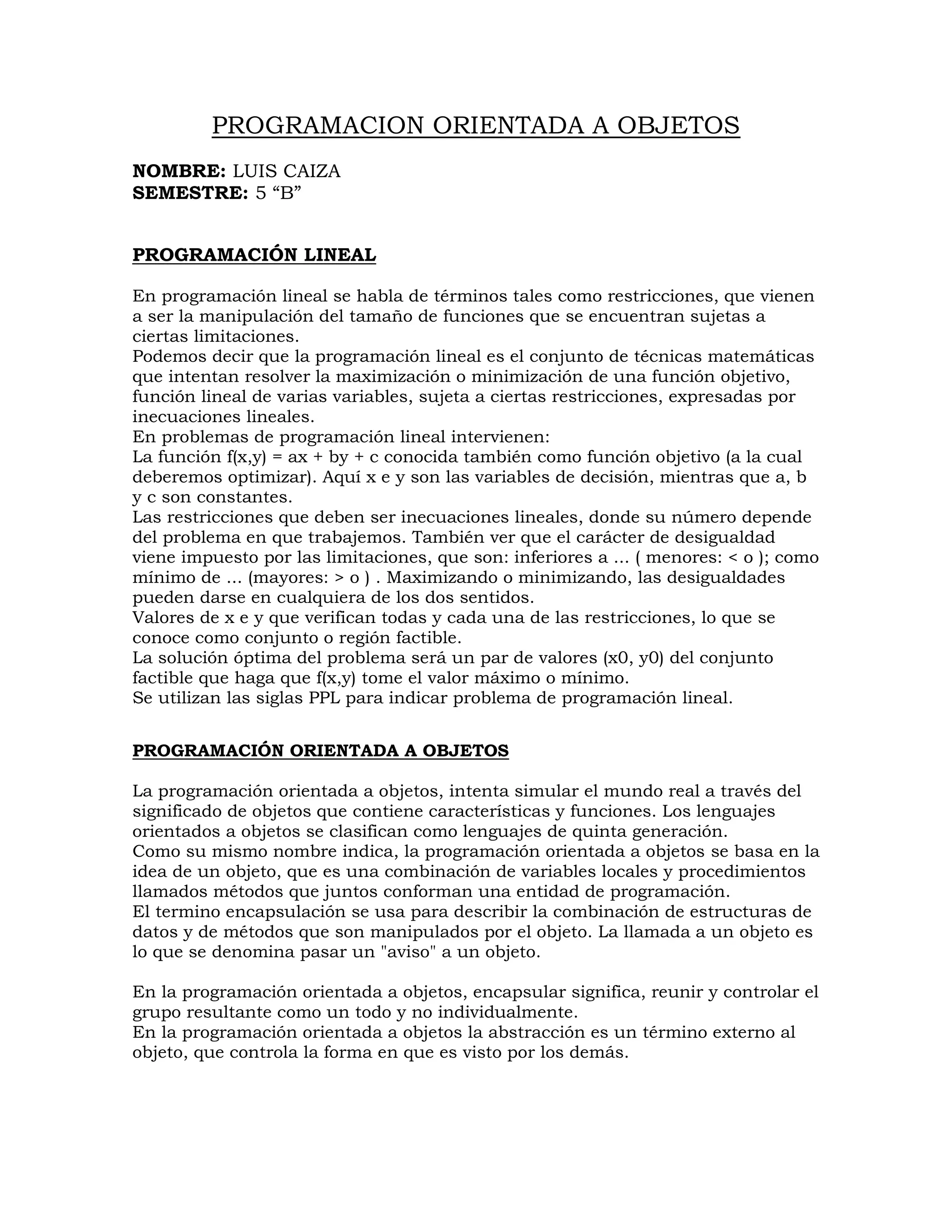 Consulta - Programación Lineal y Programacion Orientada A Objetos | DOCX