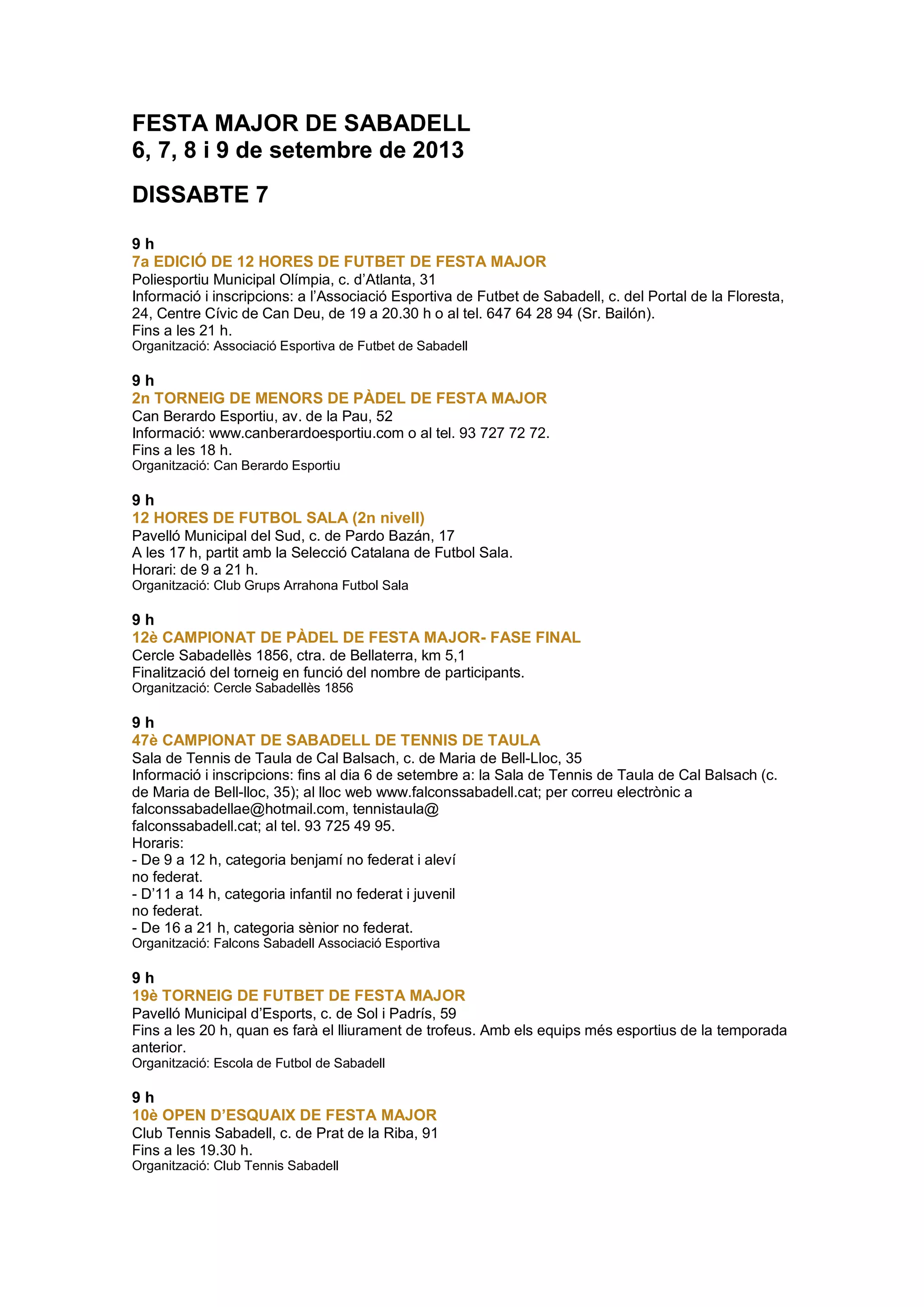 Programa Festa Major Sabadell 2013 dissabte 7 | PDF