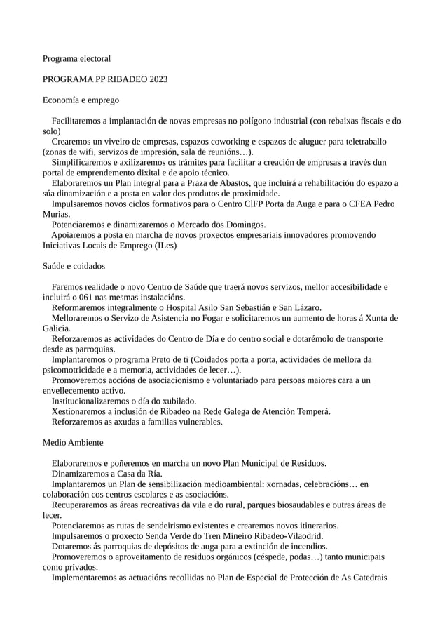 programa do PP para as eleccións municipais en Ribadeo 2023 | PDF