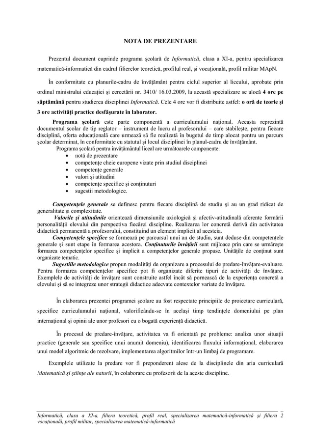 Programa scolara de_informatica_11 | PDF