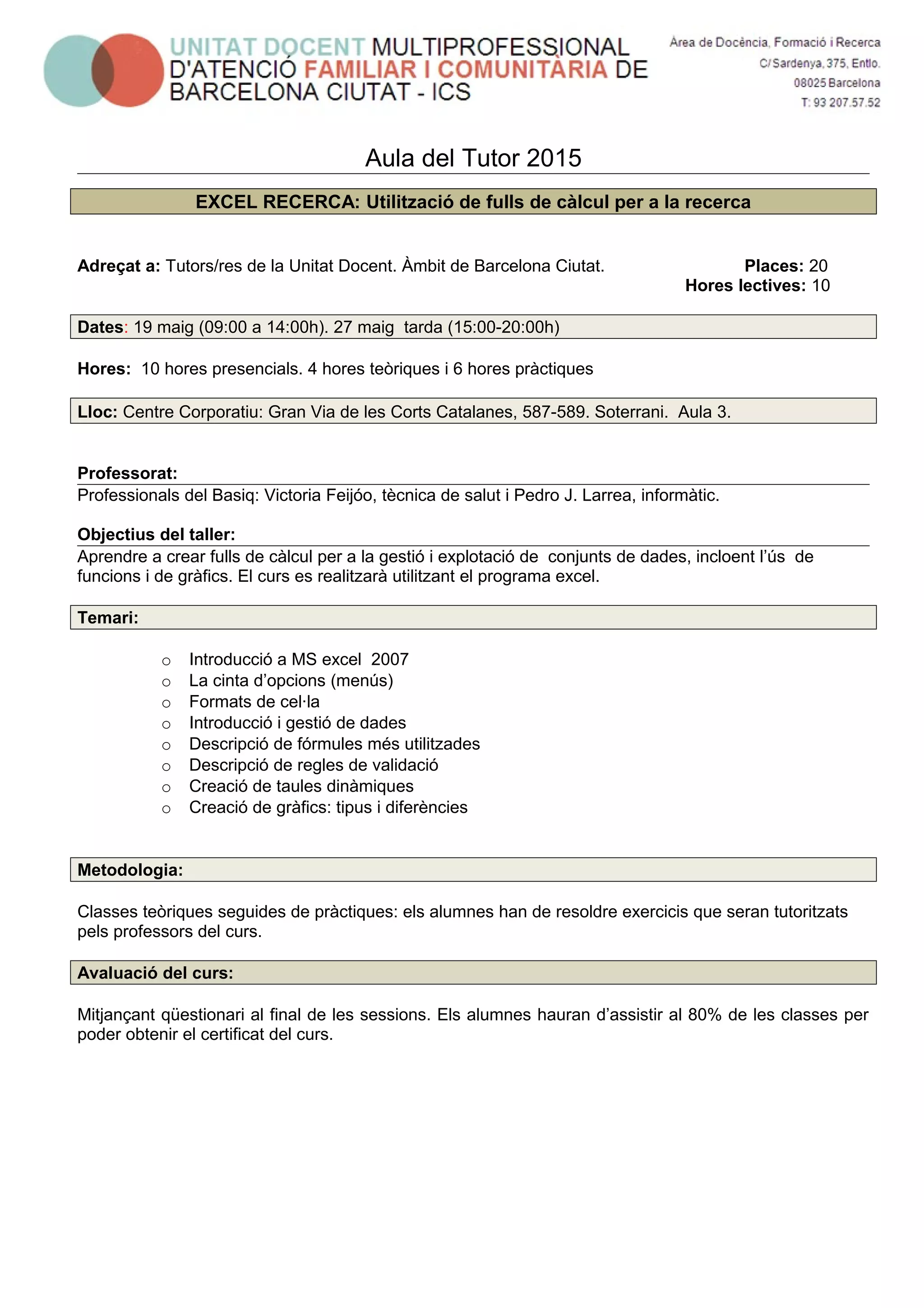 Curs EXCEL RECERCA: Utilització de fulls de càlcul per a la recerca ...