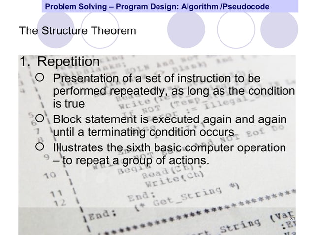 Program design and problem solving techniques | PPT | Programming Languages | Computing