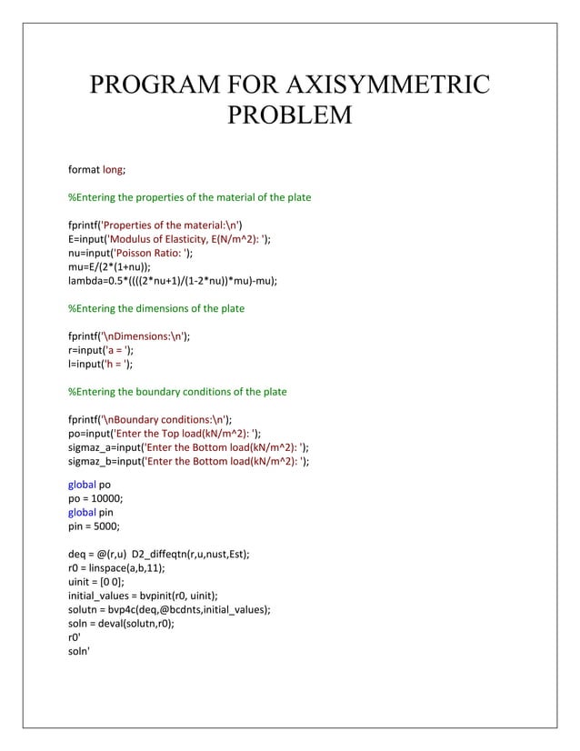 Program for axisymmetric problem matlab | PDF