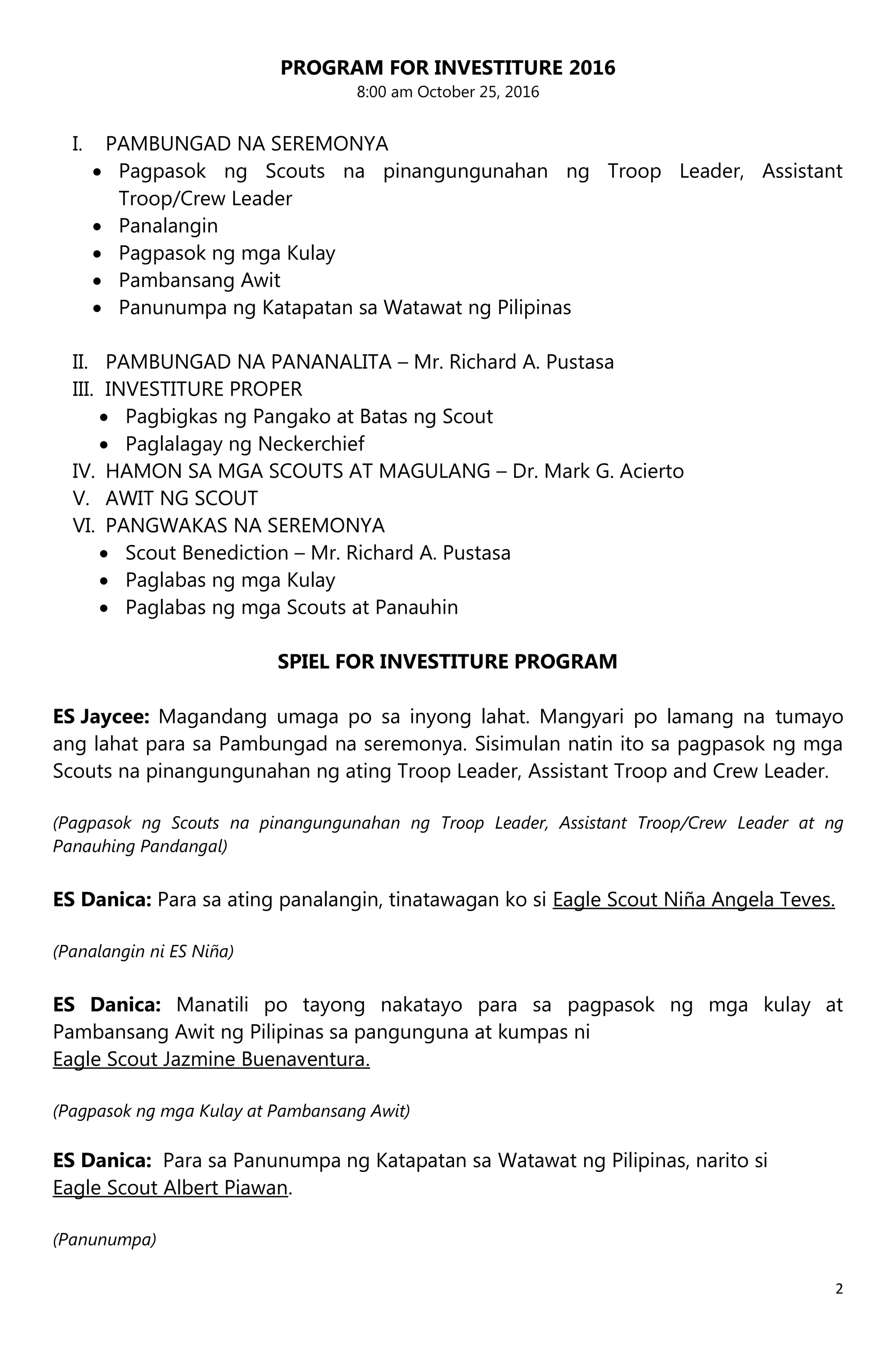 Program for investiture 2016 tagalog version | PDF