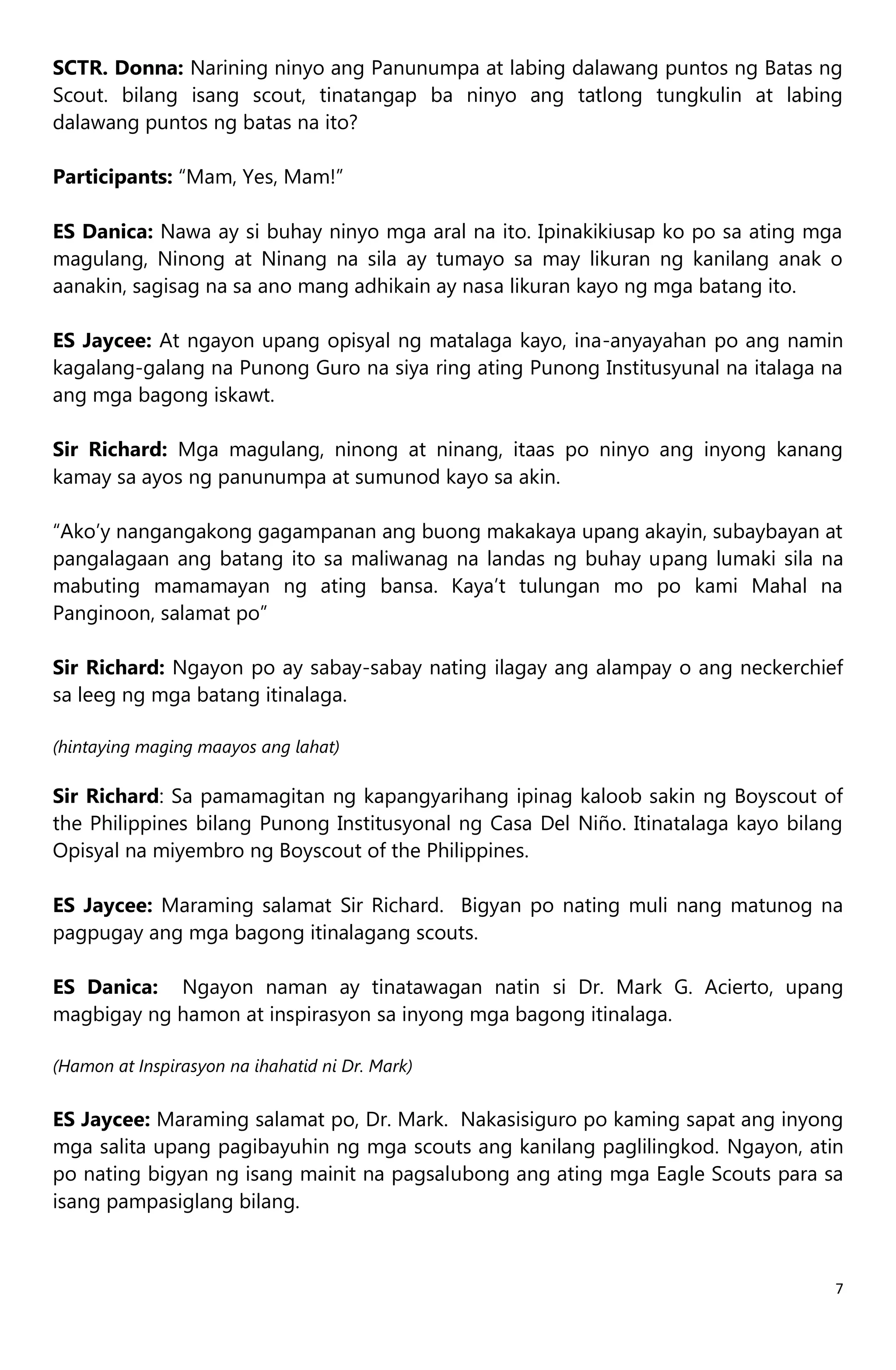 Program for investiture 2016 tagalog version | PDF