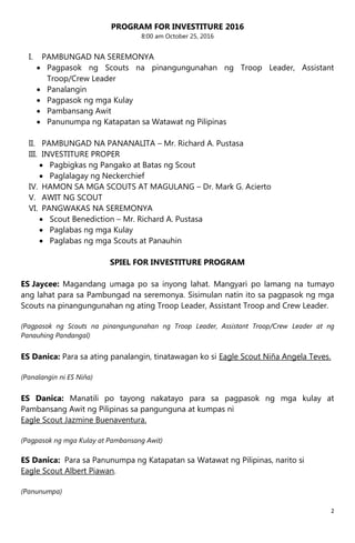 Program for investiture 2016 tagalog version | PDF