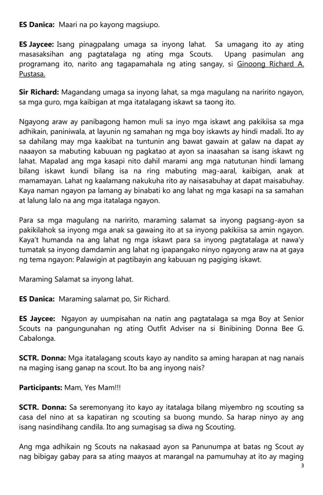 Program for investiture 2016 tagalog version | PDF