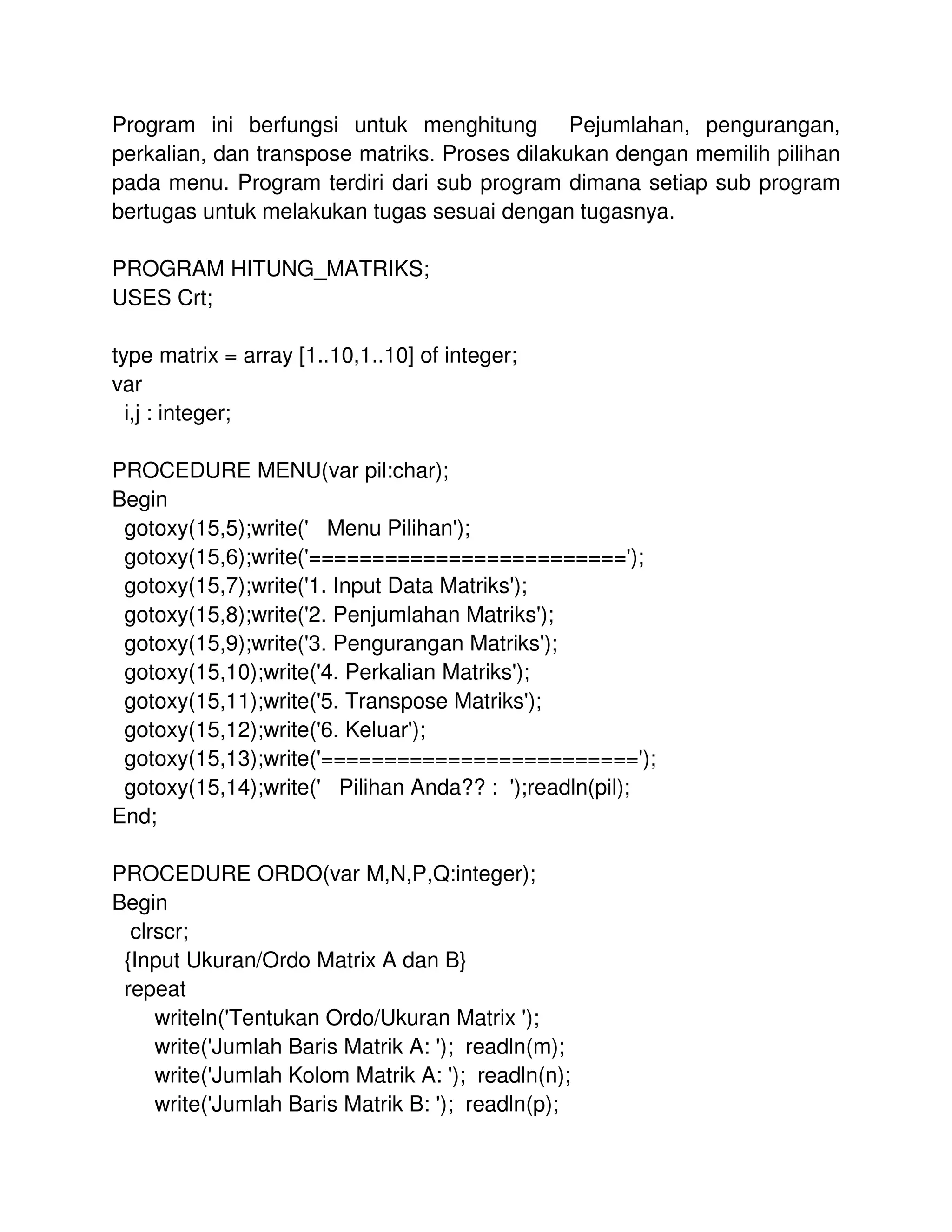 Program hitung matriks dengan menu pilihan | PDF
