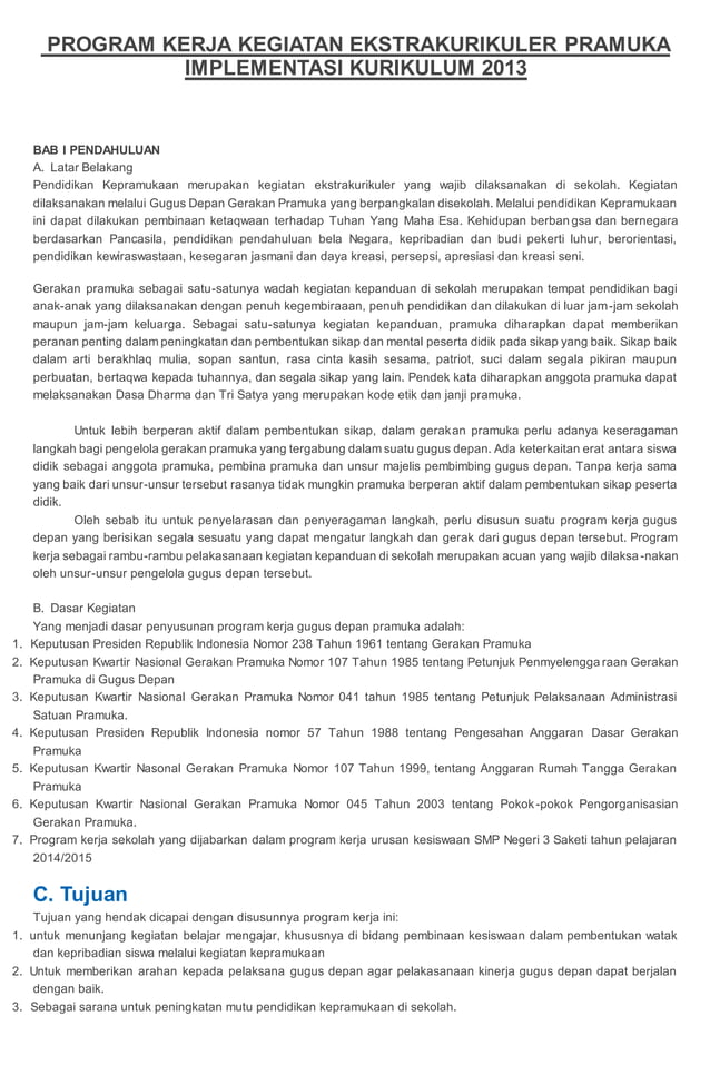 Program kerja kegiatan ekstrakurikuler pramuka implementasi kurikulum 2013 | DOCX