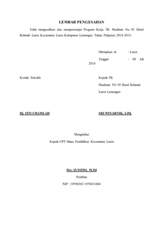 Program kerja TK Muslimat NU 05 Darul Rohmah Laren Lamongan | DOCX